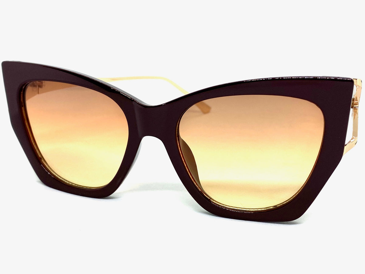 Classic Modern Retro Cat Eye Style SUNGLASSES Funky Maroon & Gold Fram ...